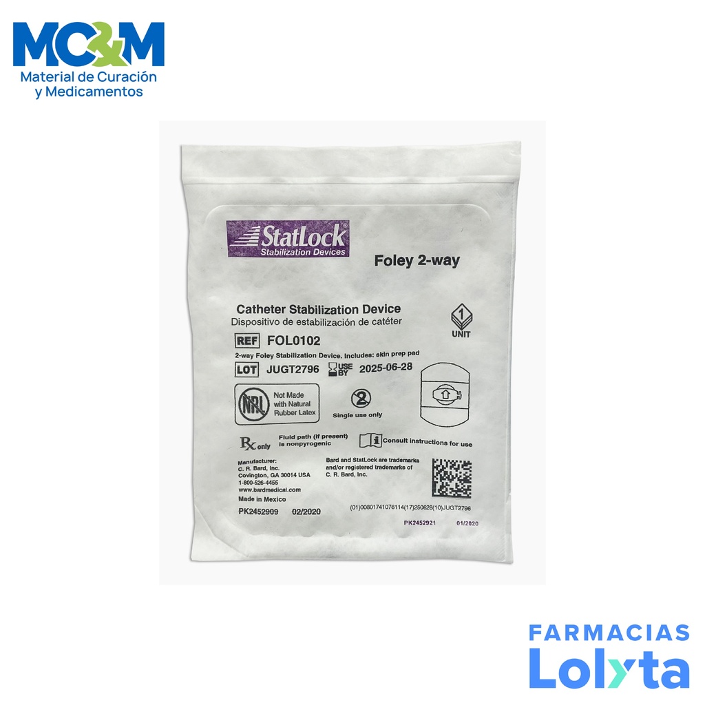 SUJETADOR DE SONDA FOLEY 8 A 26 FR C/1 PZA STATLOCK REF FOL0102 ...